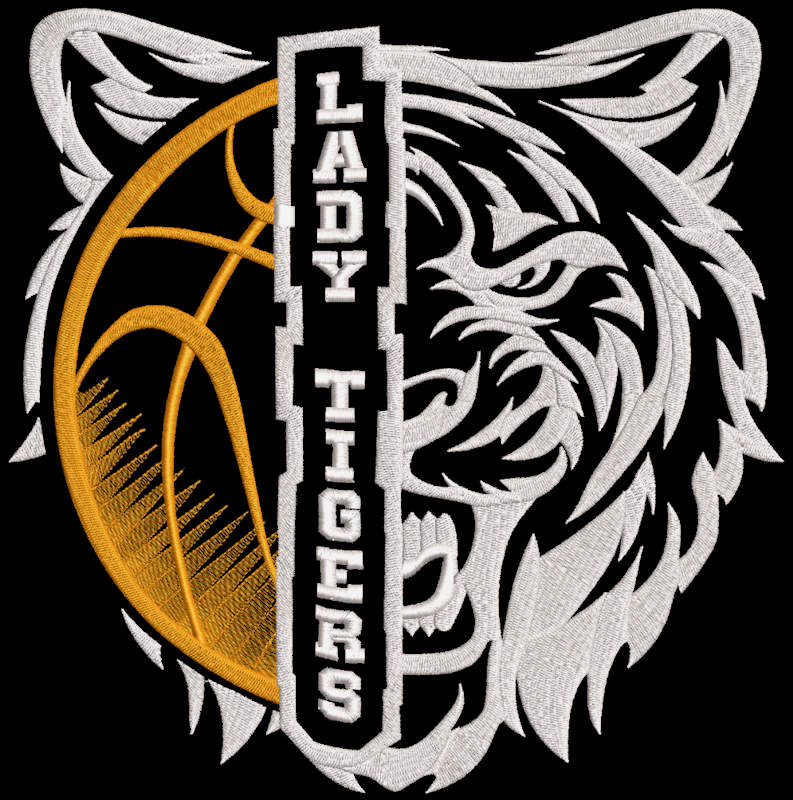 Lady Tigers Logo Embroidery Design on Black | Basketball Team Patch