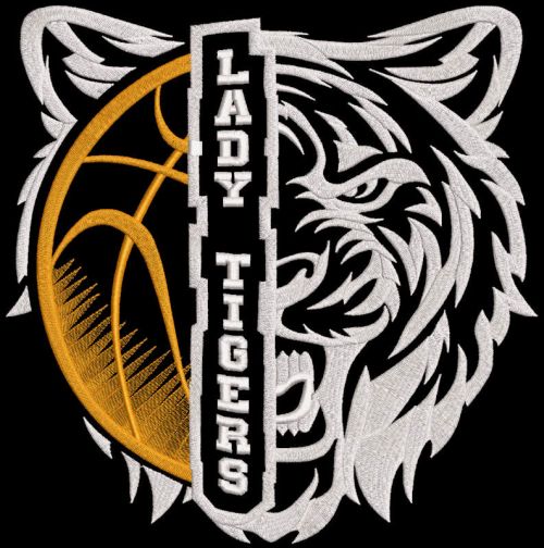 Lady Tigers Logo Embroidery Design on Black | Basketball Team Patch